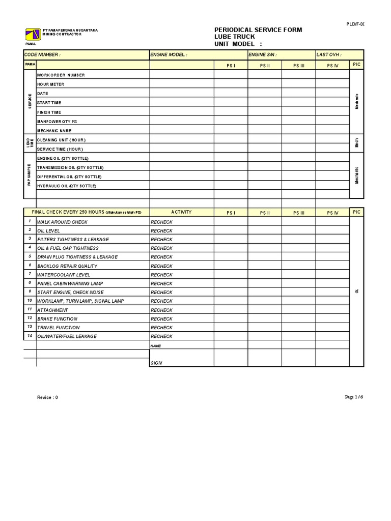 Lube Truck Periodical Service Checklist | PDF