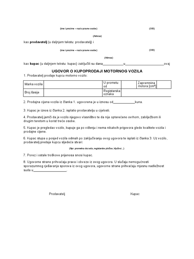 Ugovor o Kupoprodaji Motornog Vozila | PDF