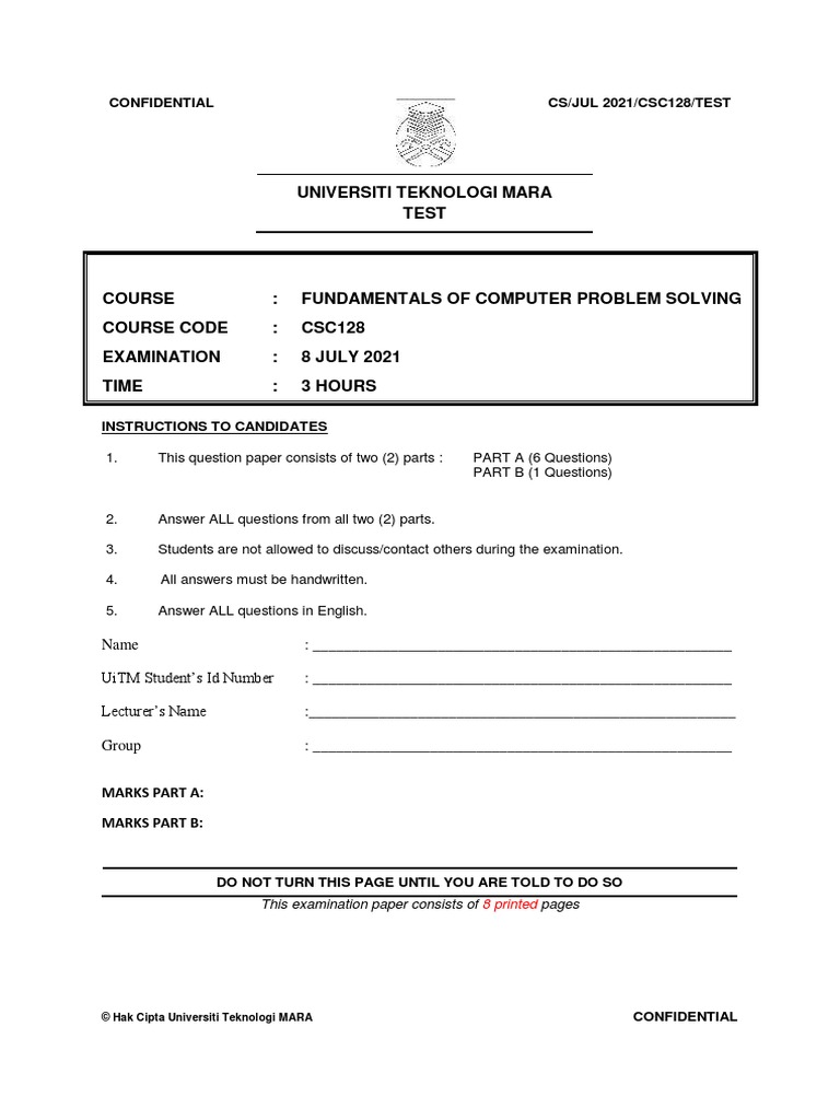 CSC128 - Test - 8 July 2021 (Question) UiTM PENANG | PDF | Area | Volume