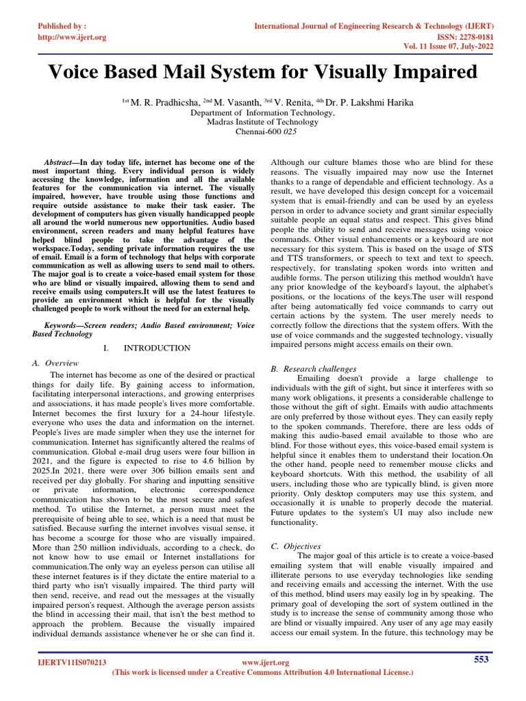 Voice Based Mail System For Visually Impaired IJERTV11IS070213 | PDF ...