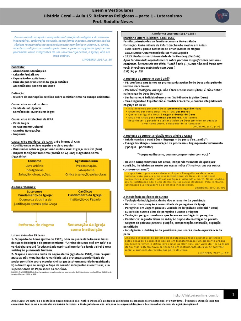 Resumo Aula 15 Reformas Religiosas Parte 1 Luteranismo Historia Geral Enem e Vestibulares 2022 ...