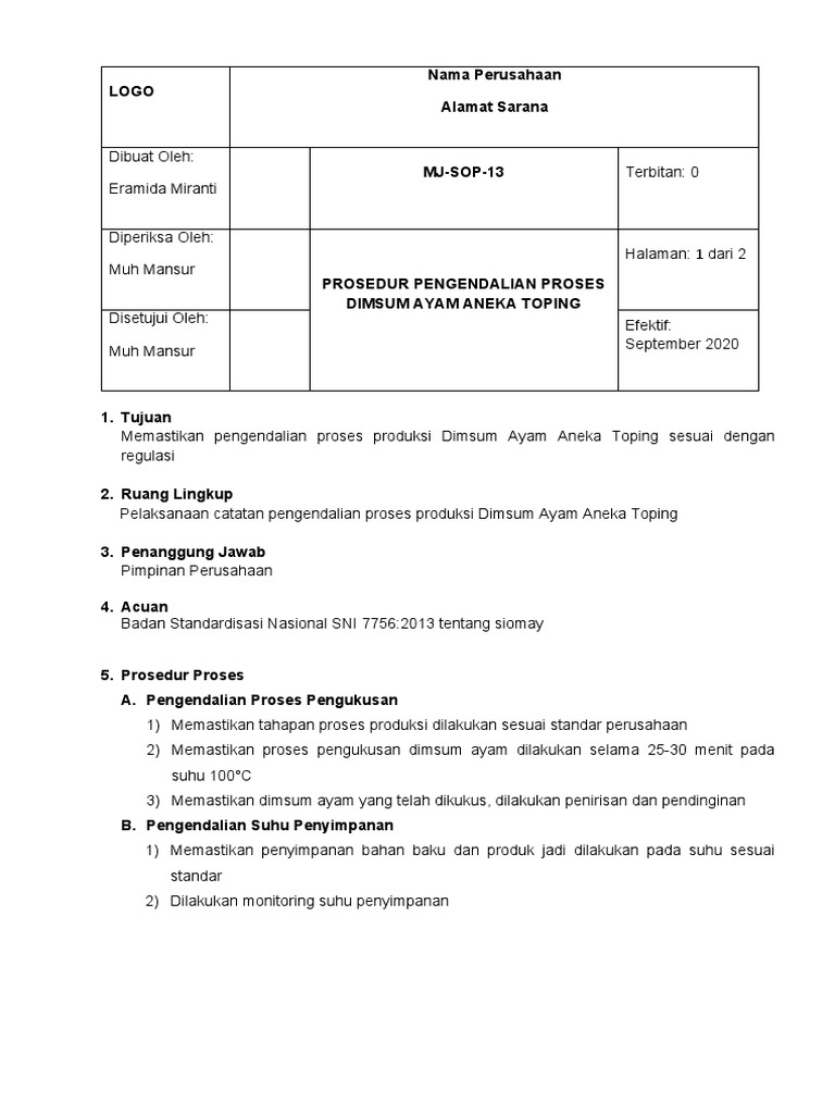 SOP 15 Prosedur Pengendalian Proses | PDF