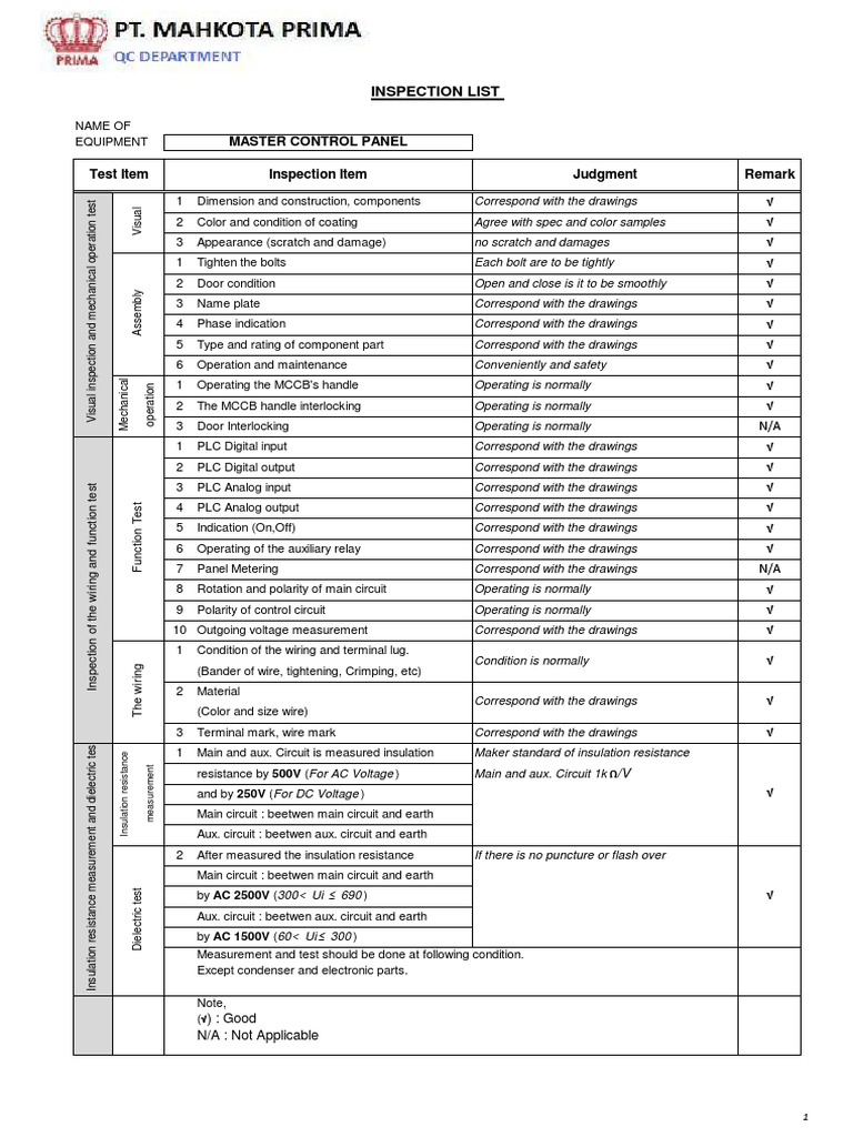 Inspection List-PLC Panel | PDF | Insulator (Electricity) | Electrical ...