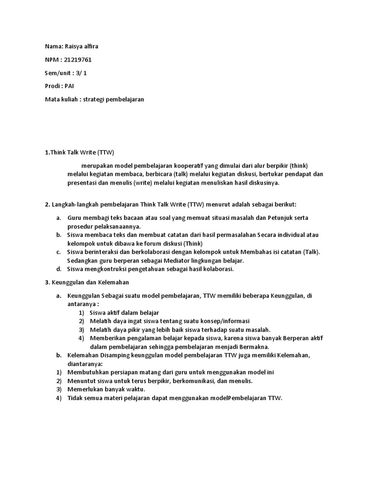 Model Pembelajaran Think Talk Write | PDF
