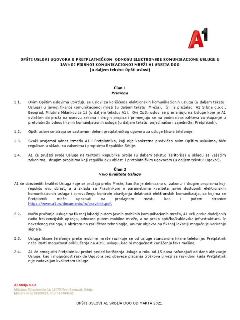 A1 Fiksna Opsti Uslovi Final | PDF