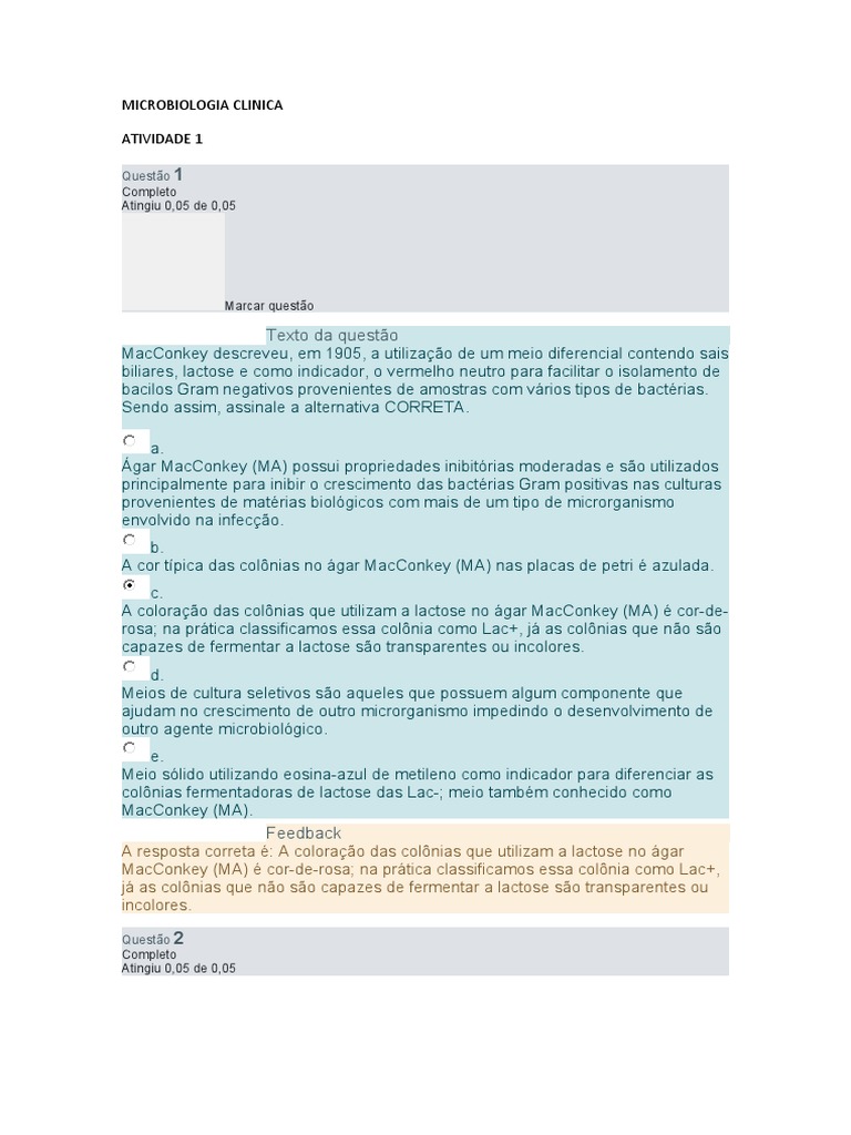 MICROBIOLOGIA CLINICA Atividades | PDF | Ágar | Bactérias