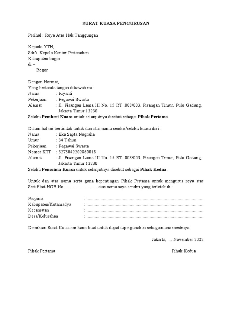 Surat Kuasa Pengurusan Roya | PDF