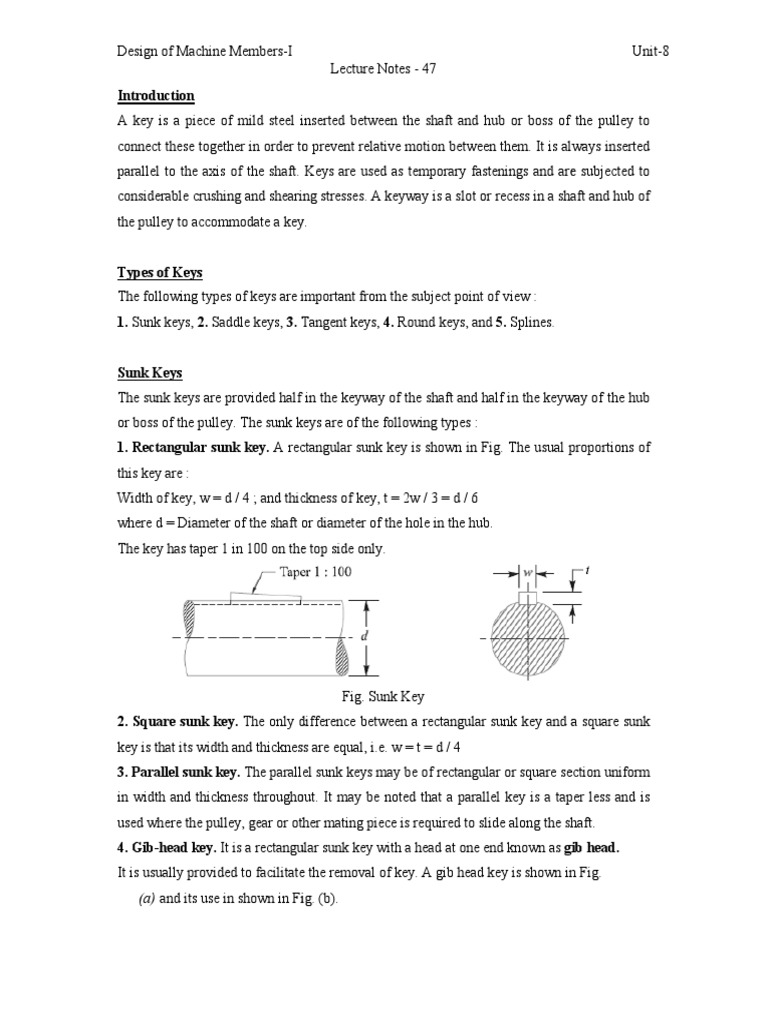 Design of Keys Cotter & Knuckle Joints | PDF | Stress (Mechanics ...