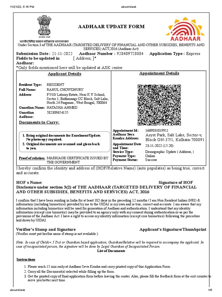 Aadhar Address Application | PDF | Identity Document | Signature