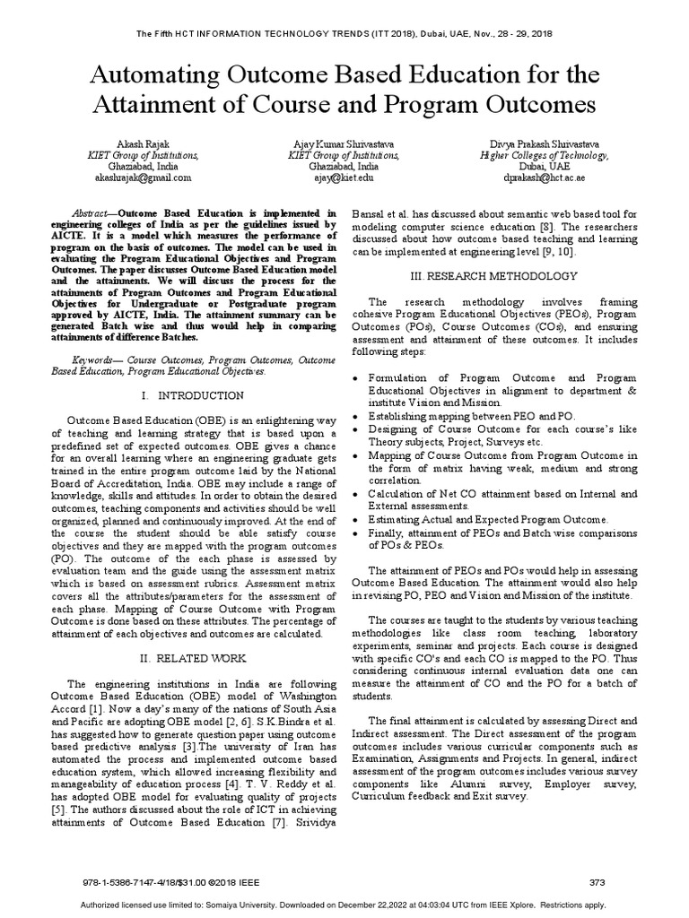 Automating Outcome Based Education For The Attainment of Course and Program Outcomes | PDF ...