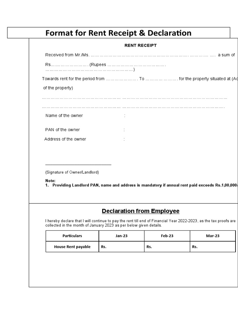 Format for Rent Receipt & Declaration Template | PDF
