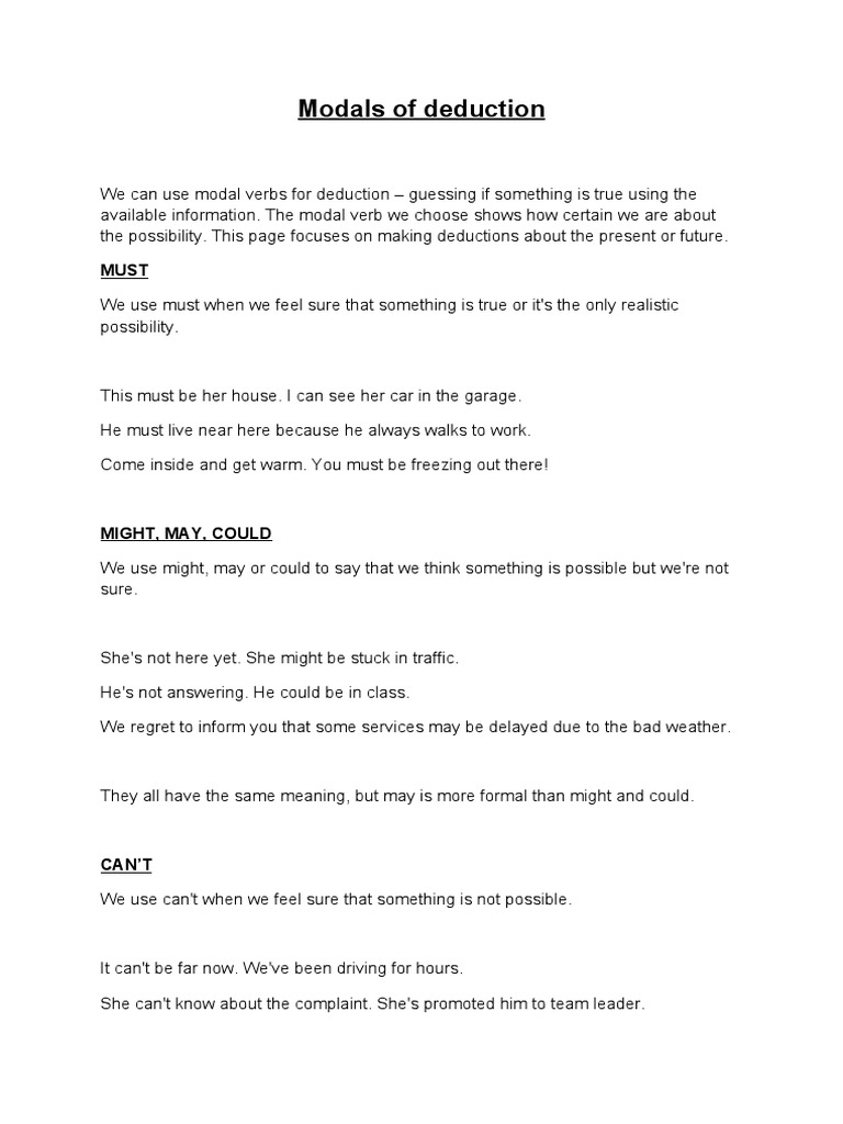 Making Deductions: Understanding Modal Verbs of Deduction and Their ...