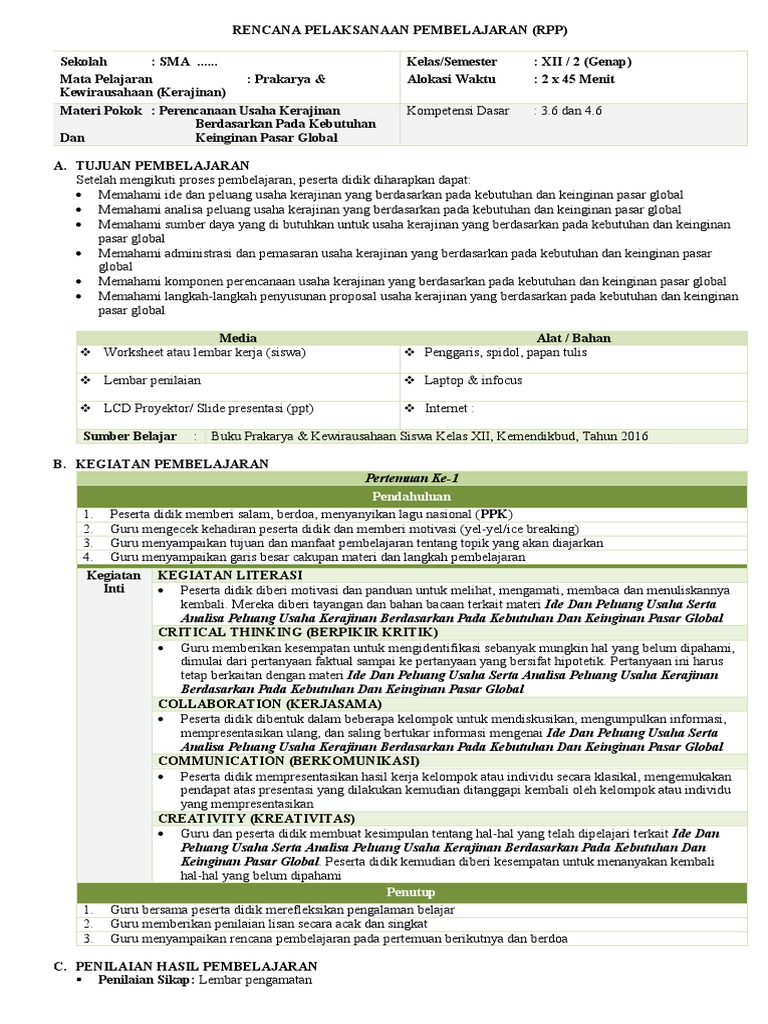 RPP II PKWU (Kerajinan) XII SEM 2 | PDF