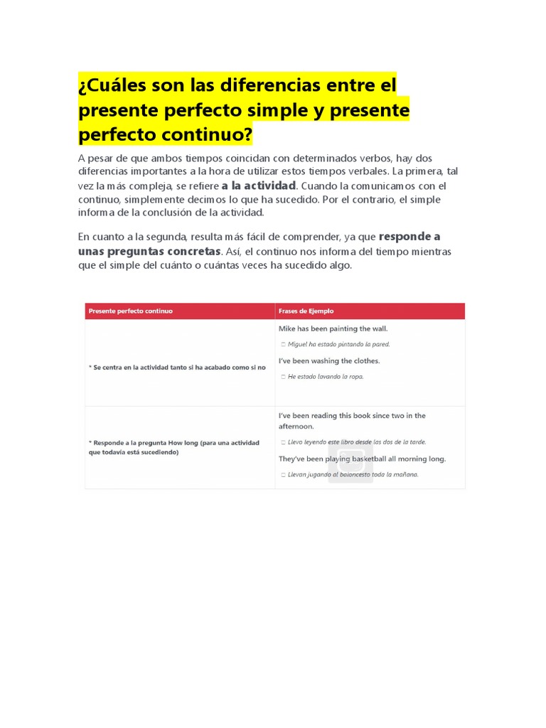 Cuáles Son Las Diferencias Entre El Presente Perfecto Simple y Presente Perfecto Continuo | PDF