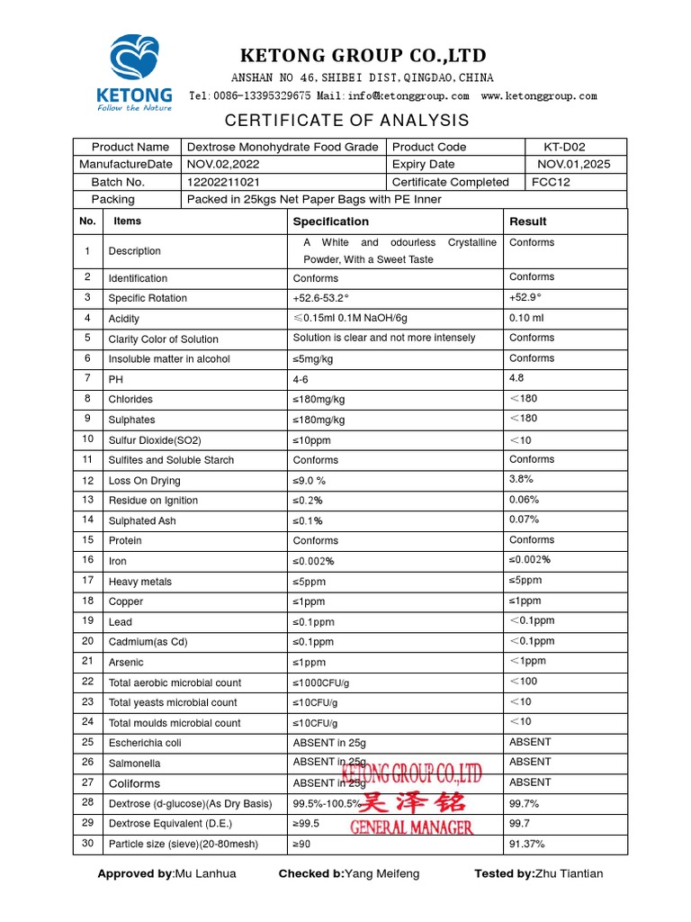 Dextrose Monohydrate COA 2022 | PDF | Glucose | Sulfate