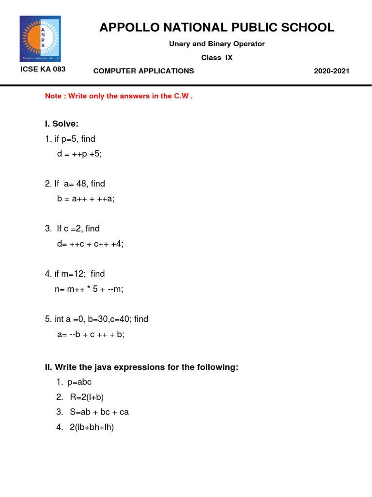 Std 9 Questions On Unary And Binary Operator Computer Applications Pdf 