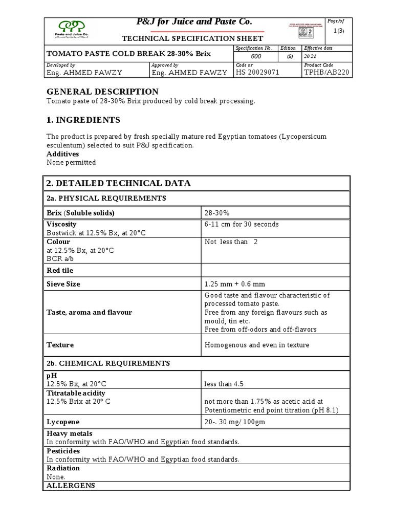 Technical Specification Sheet for Tomato Paste Cold Break 28-30% Brix ...