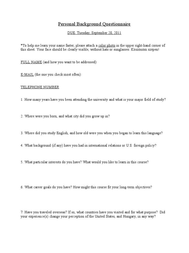 Personal Background Questionnaire Form | PDF