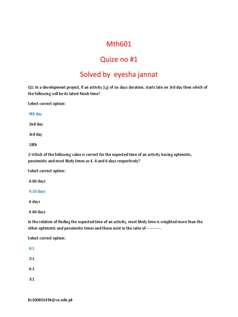 MTH601 MidTerm QuizNo1byAyesha | PDF | Applied Mathematics | Analysis