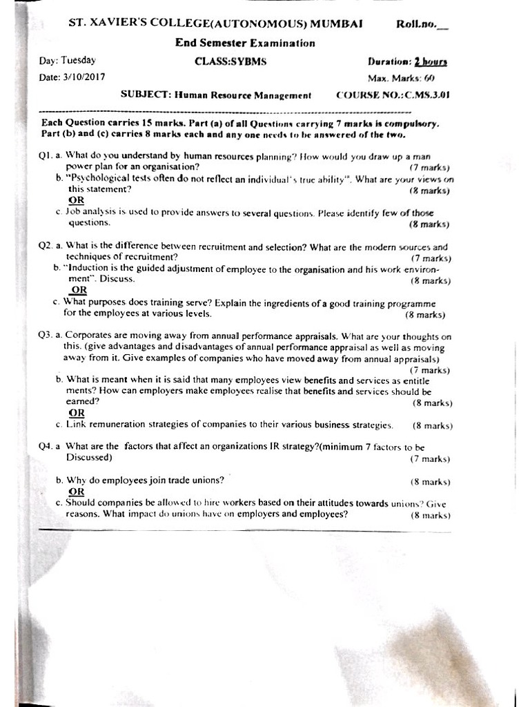 HRM Previous Year Paper | PDF