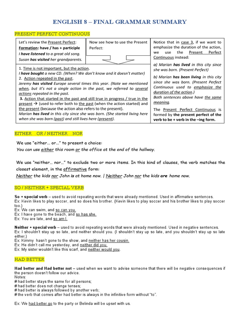 English 8 - Final Grammar Summary | PDF | Languages | Foreign Language Studies