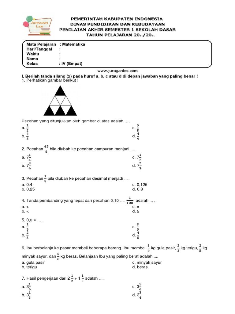 Soal PAS Matematika Kelas 4 Semester 1 Tahun 2022 | PDF