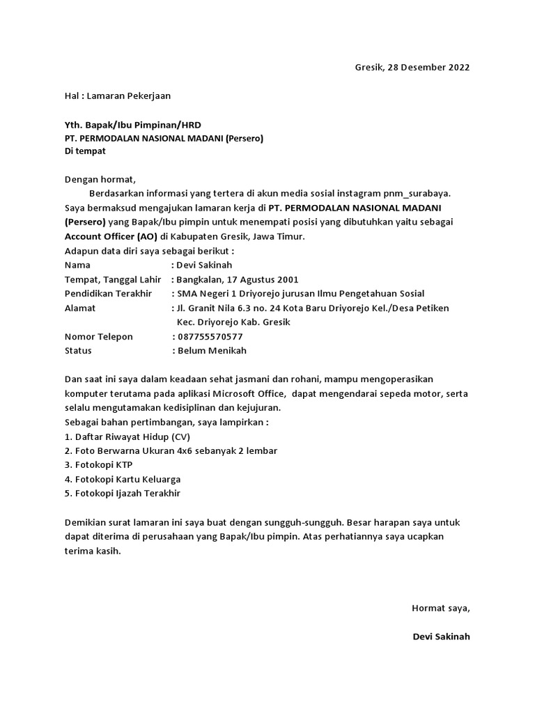 Surat Lamaran Kerja | PDF