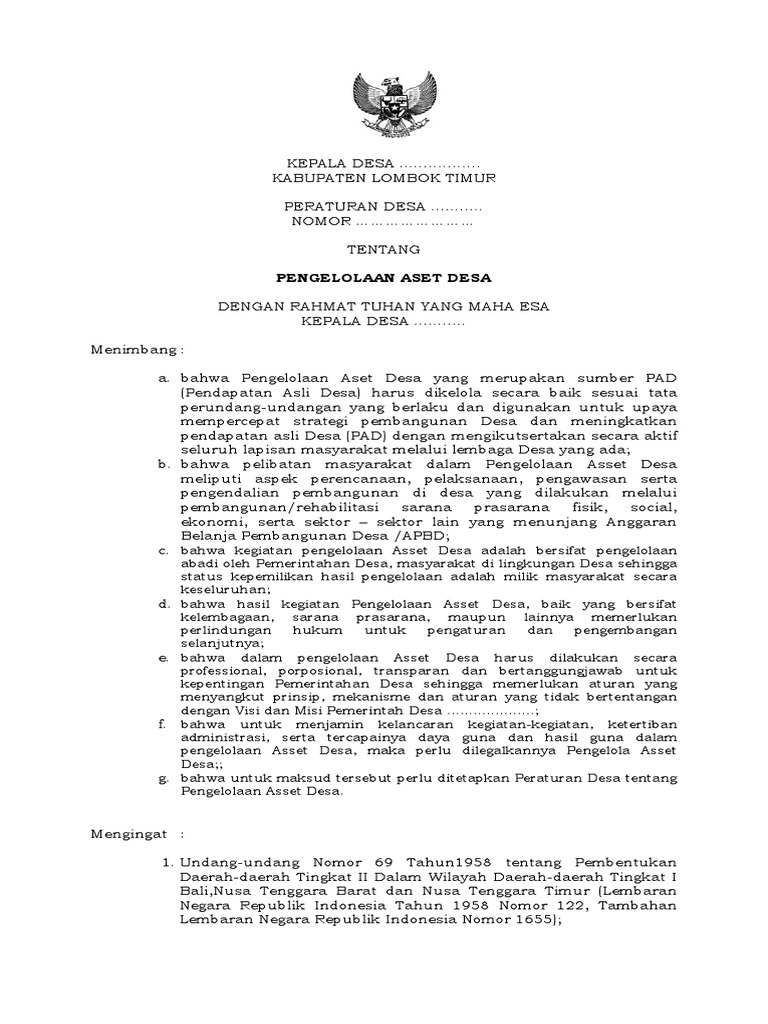 Format Perdes Pengelolaan Aset Desa | PDF