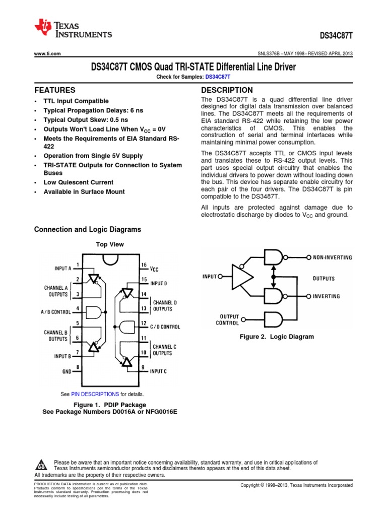 DS34C87T CMOS Quad TRI-STATE Differential Line Driver: Features Description | PDF | Electricity ...