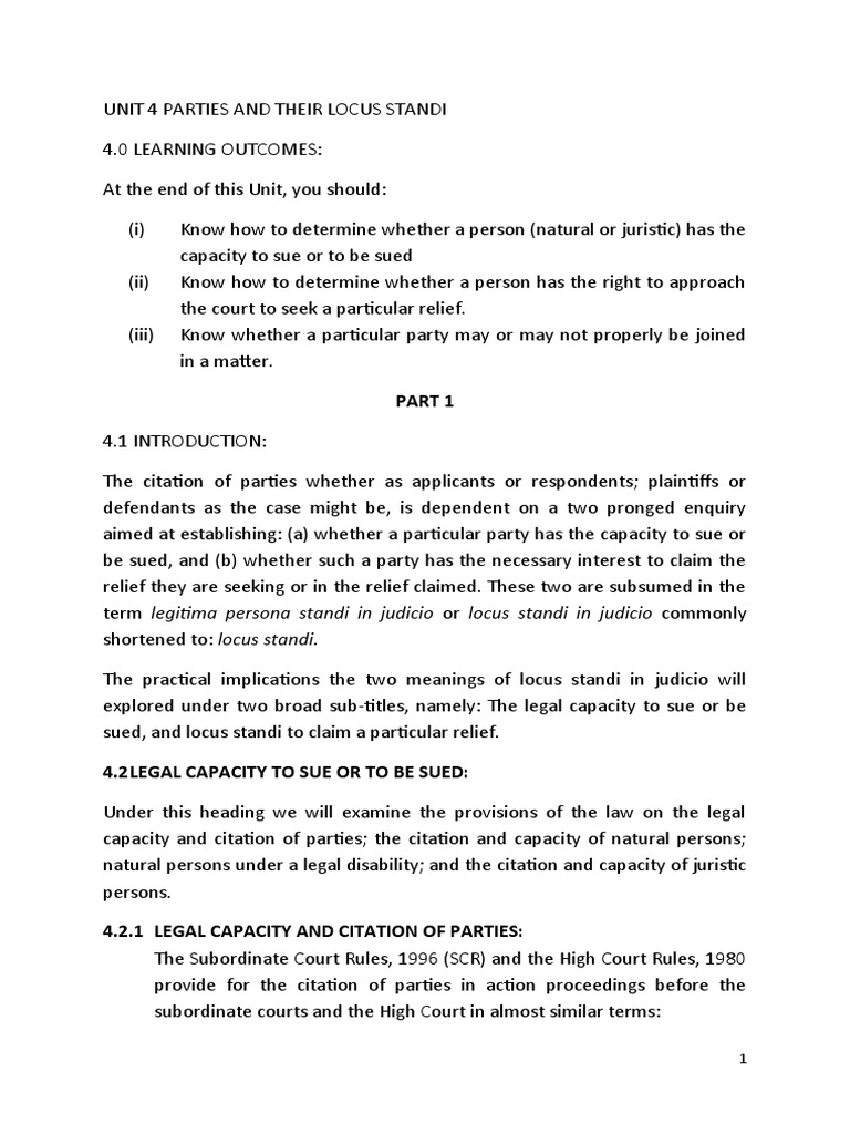 l4301 Unit 4 Parties and Their Locus Standi | PDF | Standing (Law ...