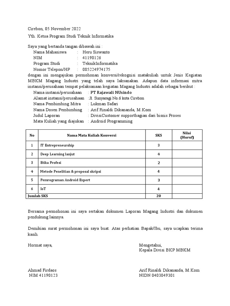 Surat Pengajuan Konversi Nilai | PDF