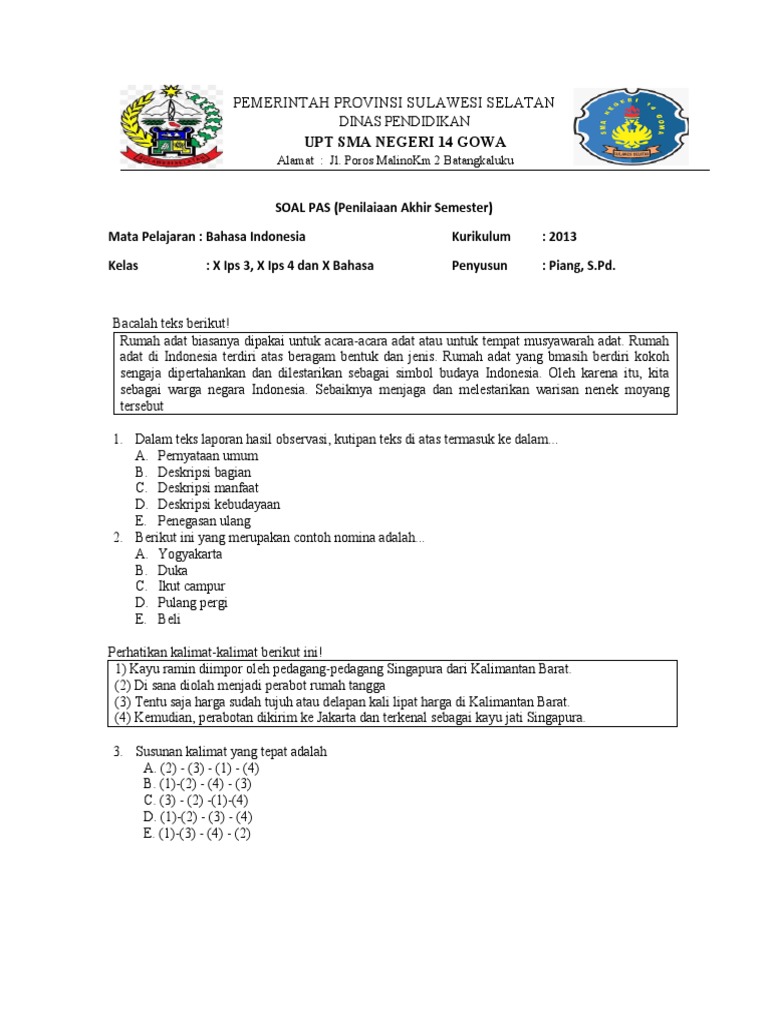 Soal Bahasa Indonesia X IPS 3, X IPS 4 Dan X Bahasa | PDF