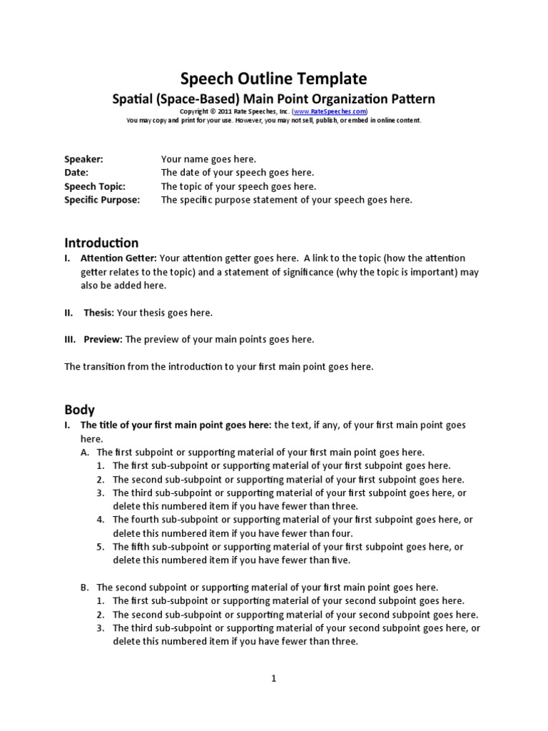 Speech Outline Template Spatial Pattern Sub Subpoint Level | PDF ...