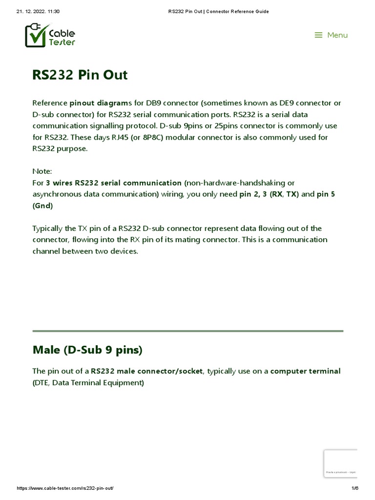 RS232 Pin Out - Connector Reference Guide | PDF | Electrical Connector ...