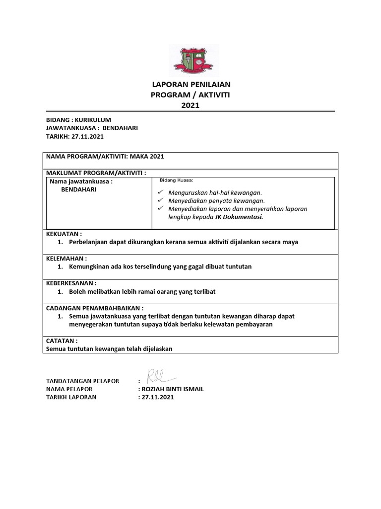 Borang Laporan Dokumentasi BENDAHARI | PDF