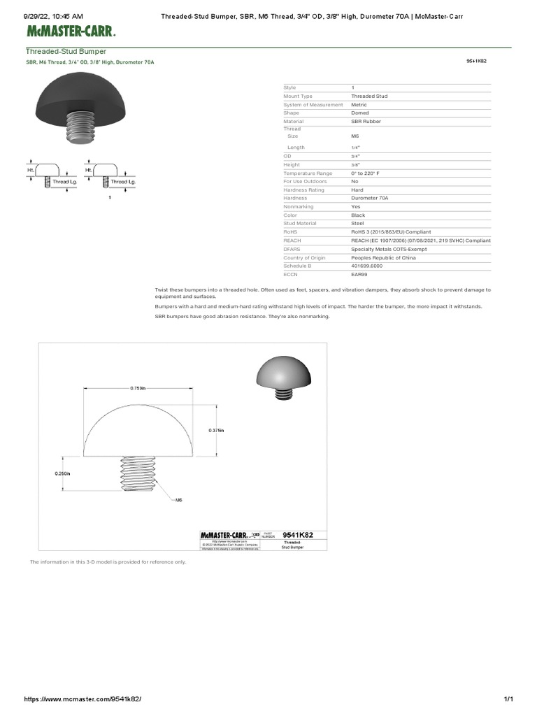 Threaded-Stud Bumper: SBR, M6 Thread, 3/4" OD, 3/8" High, Durometer 70A ...