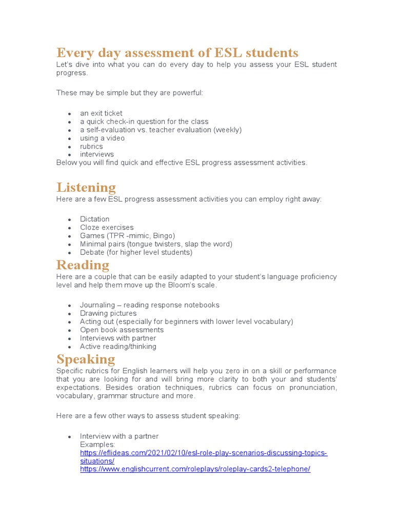 Every Day Assessment of ESL Students | PDF | English As A Second Or ...