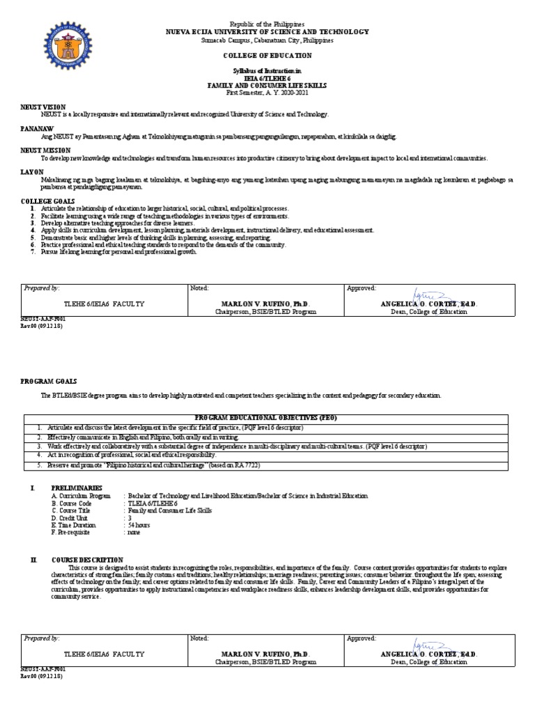 Family and Consumer Life Skills Syllabus | PDF | Curriculum | Self Esteem