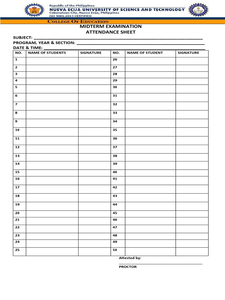 Attendance Sheet For Exam | PDF