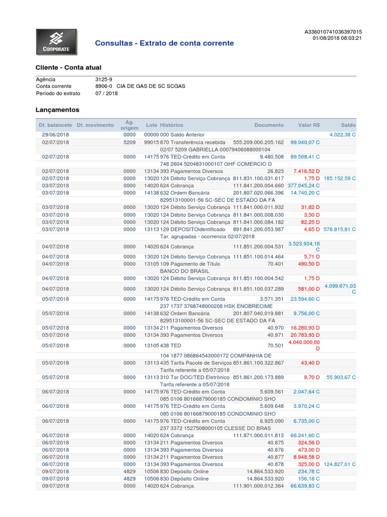 Extrato de Conta Corrente - 07/2018 | PDF | Conta de transação | Bancos