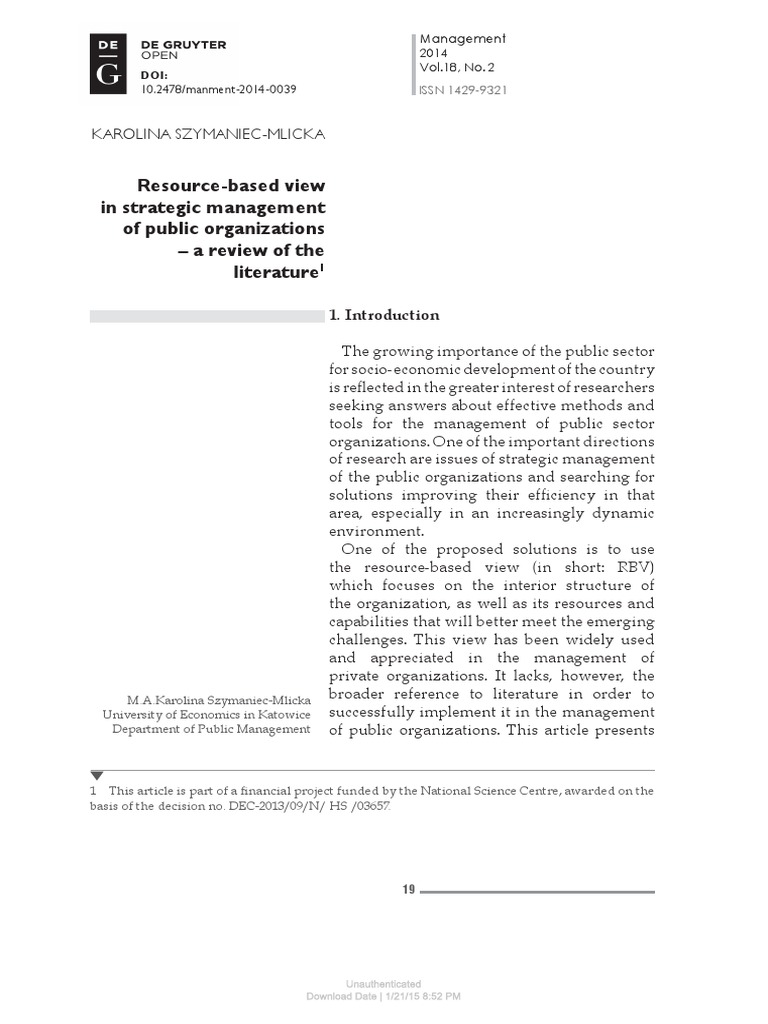 Resource Based View In Strategic Management Of Public Organizations A