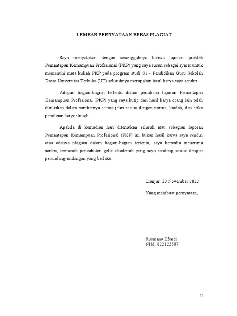 Lembar Pernyataan Bebas Plagiat | PDF