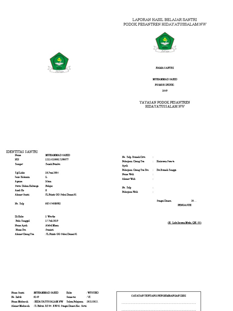 Contoh Rapot Diniyah | PDF
