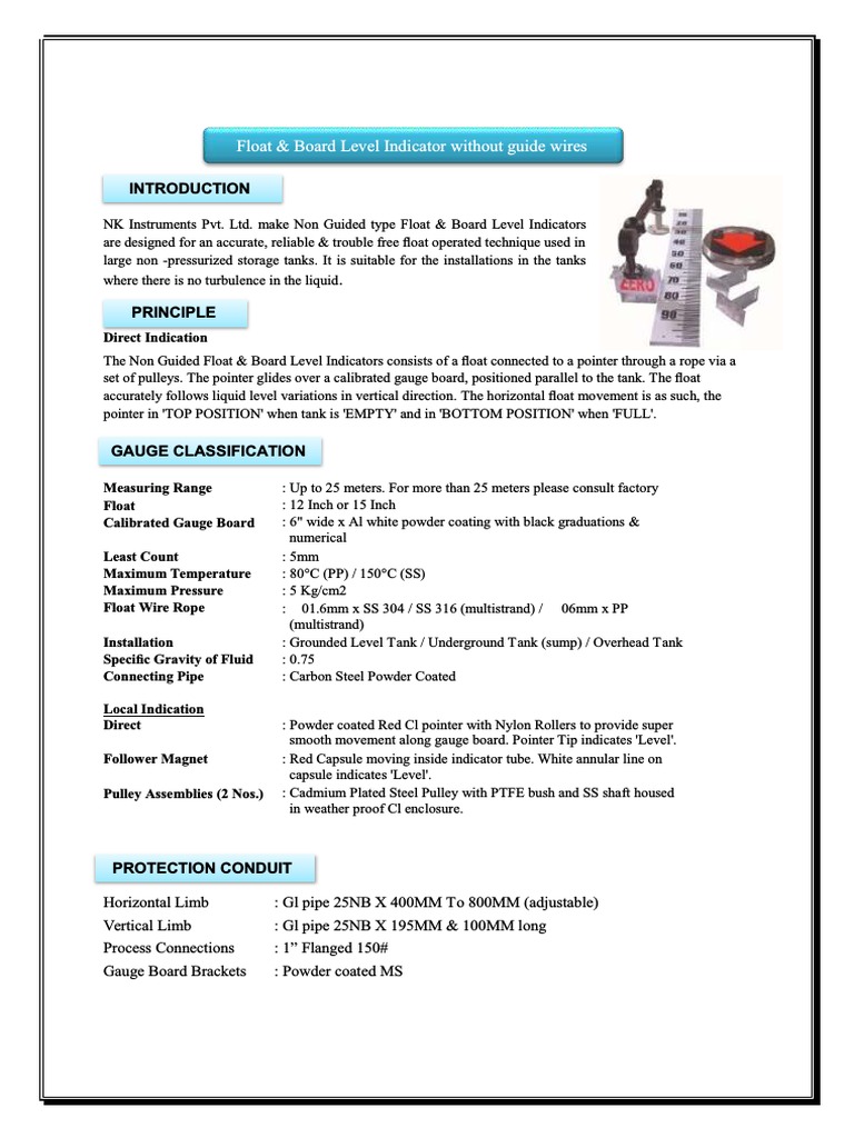 Float and Board Type Level Gauge Without Guide Wires | PDF | Pipe (Fluid Conveyance ...