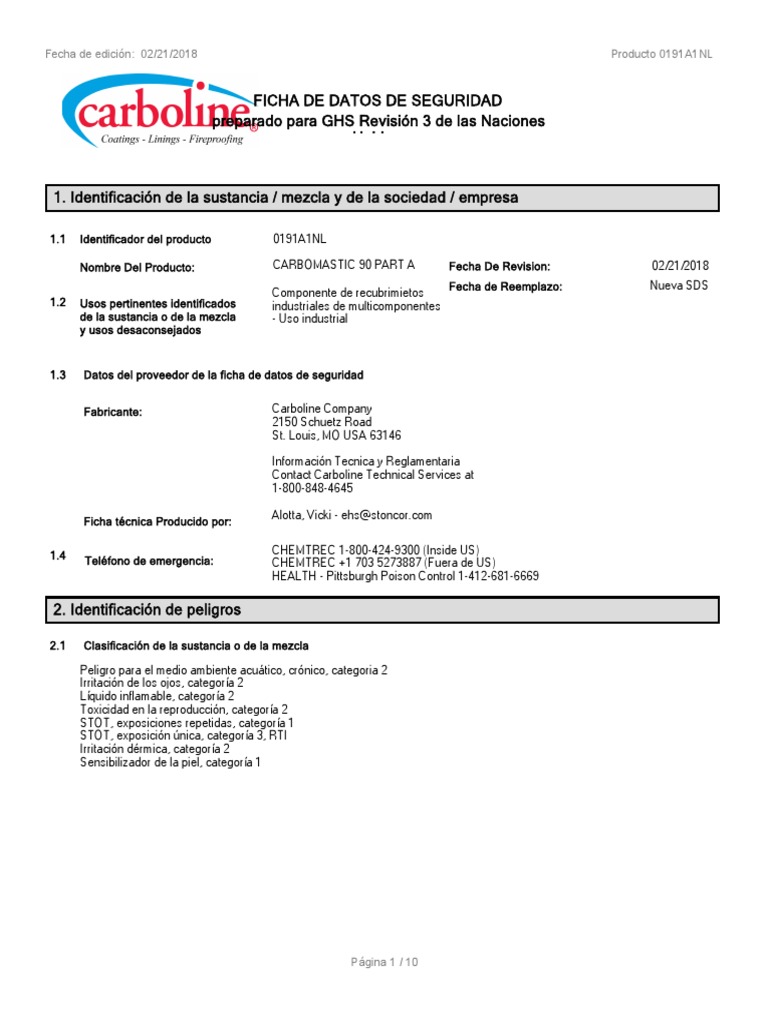Carbomastic 90 Part A Spanish GHS SDS 2-21-2018 | PDF | Química ...