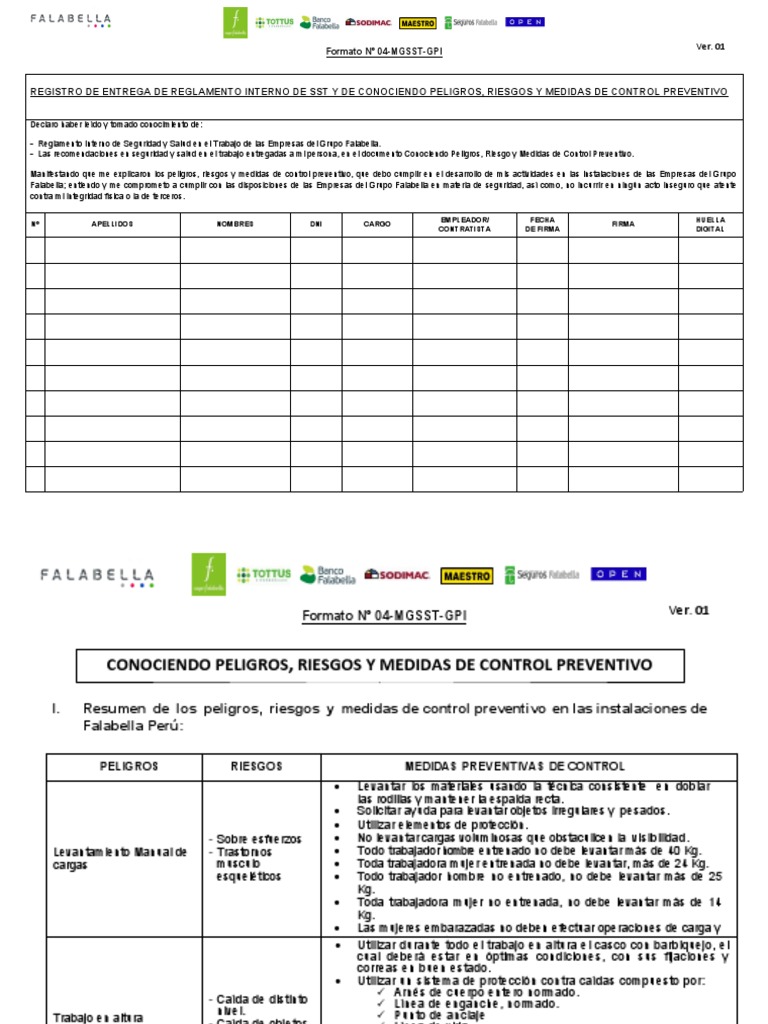 Formato #04-MGSST-GPI Registro de Entrega de RISST y de Conociendo Peligros, Riesgos y Medidas ...
