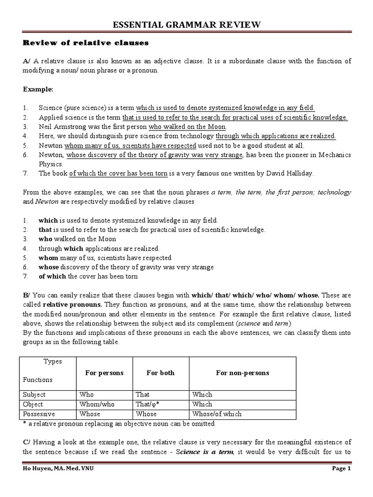 Essential Grammar Review | Download Free PDF | Clause | Pronoun