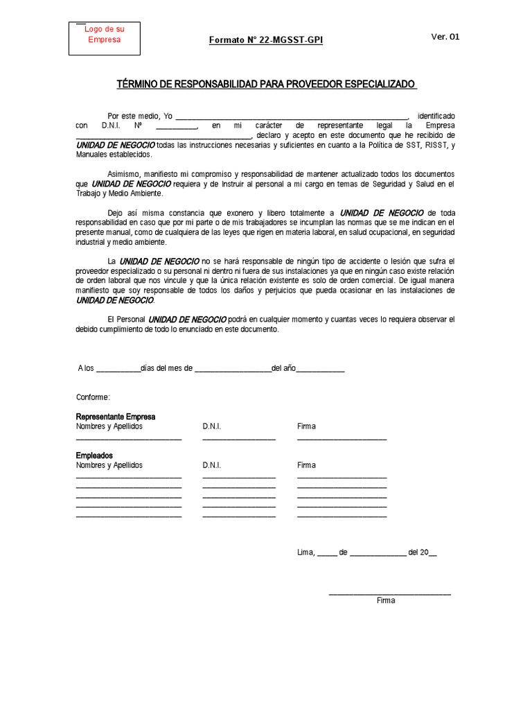 Formato #22-MGSST-GPI Termino de Responsabilidad para Proveedor ...