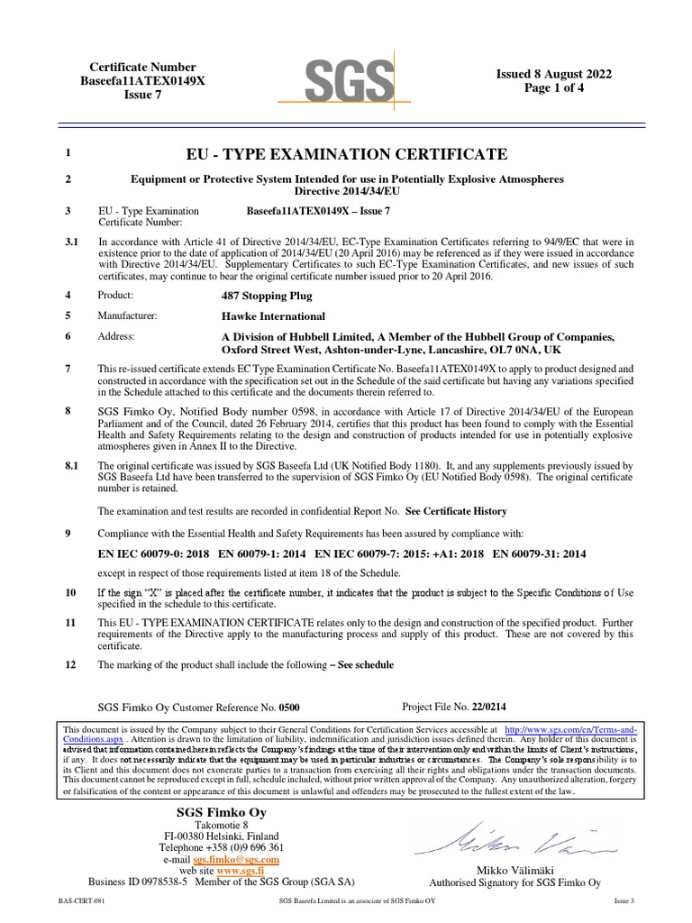 EU ATEX Certificate for 487 Stopping Plug | PDF | Manufactured Goods