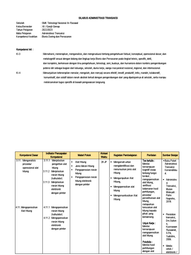 Silabus Adm Transaksi - Xii BDP | PDF